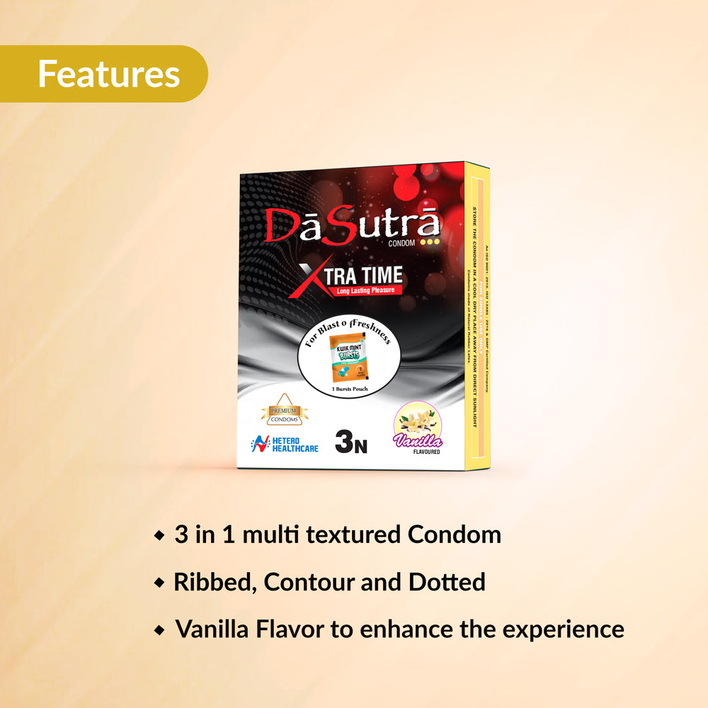 DaSutra Xtra Time Long Lasting Pleasure Condoms - 3's Pack Ribbed-Dott ...